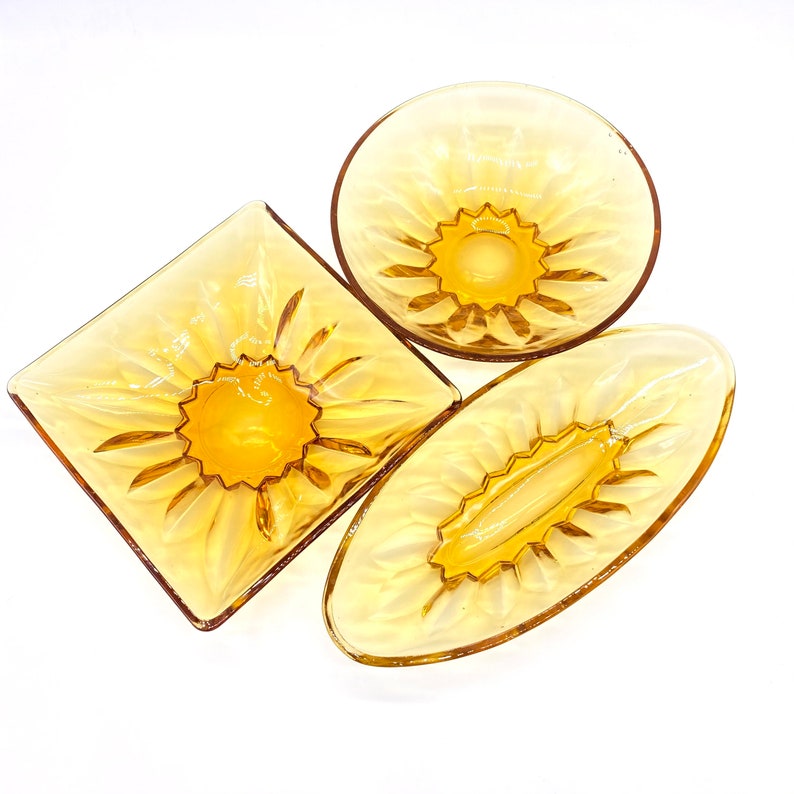 Vintage Pressed Glass Amber Sunburst Pattern Set of 3 | Etsy