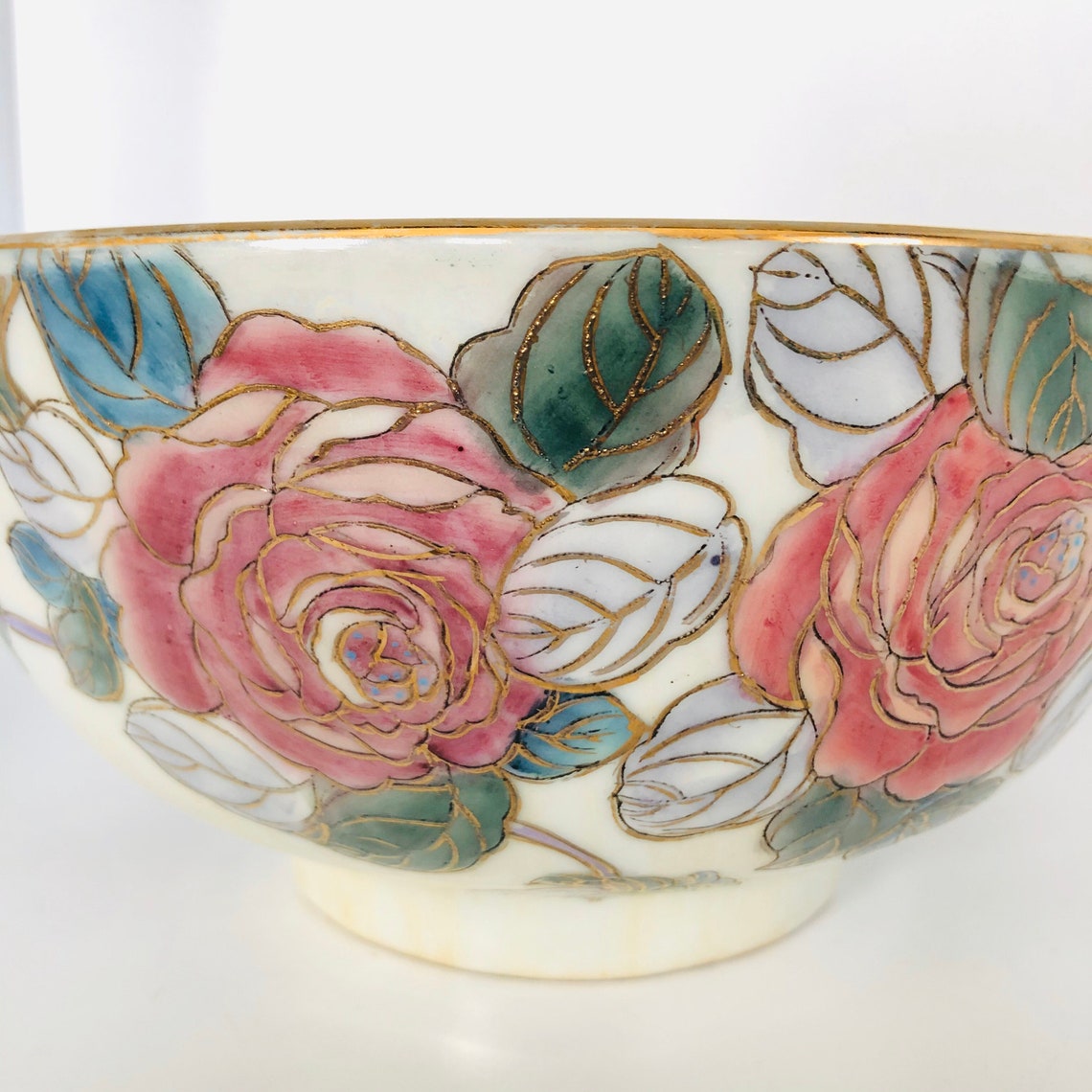 Vintage Hand Painted Asian Porcelain Bowl - Moriage -green, Blue, Pink ...