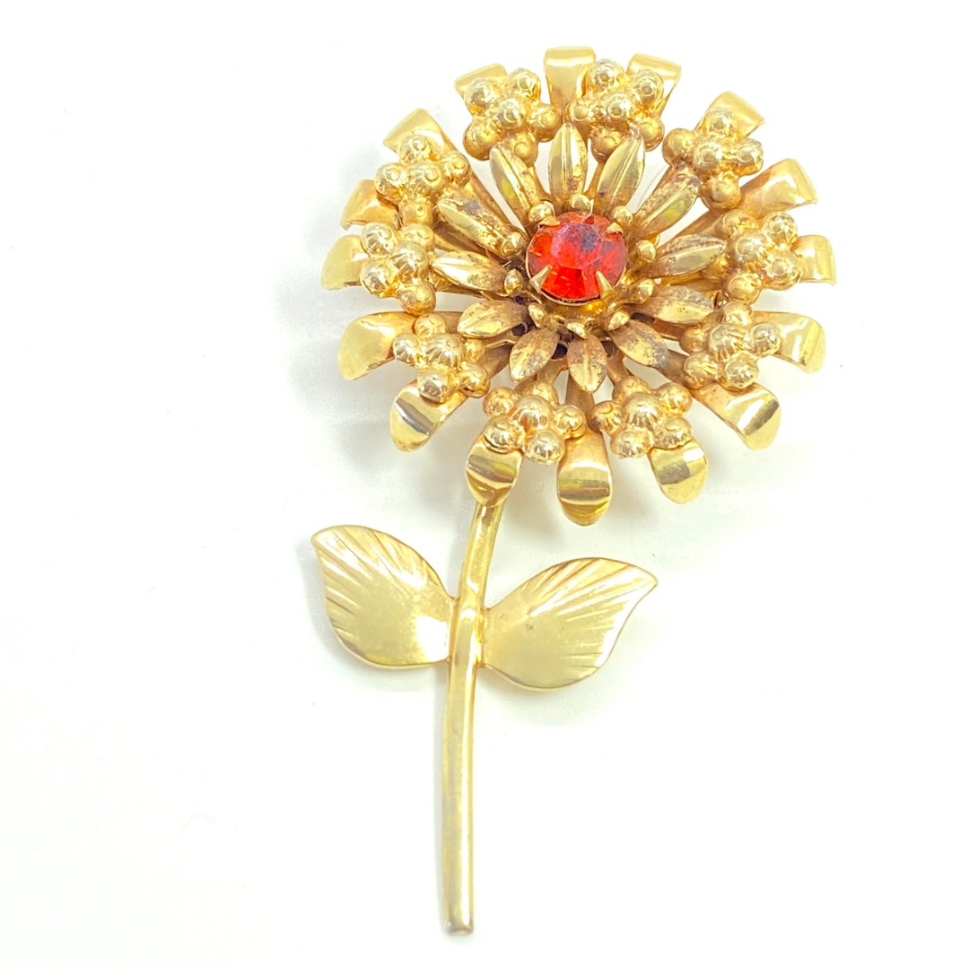 Vintage - Gold Tone - Flower With Long Stem and Leaves and Red Center ...