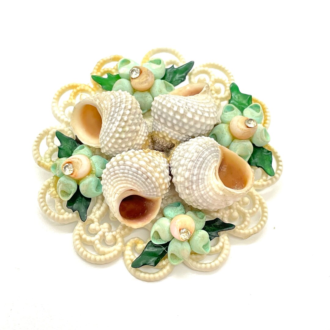Vintage - Handmade - Green Flowers Made of Natural Seashells - Brooch ...