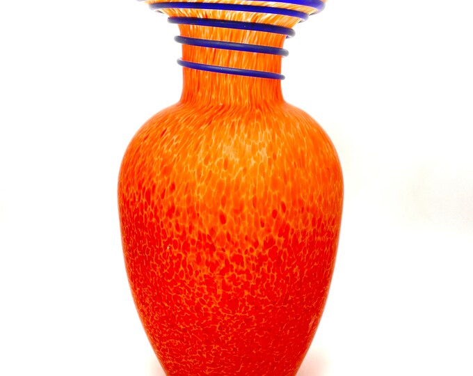 Vintage - Art Glass Vase - Orange Speckled Vase With Blue Glass Spiral ...