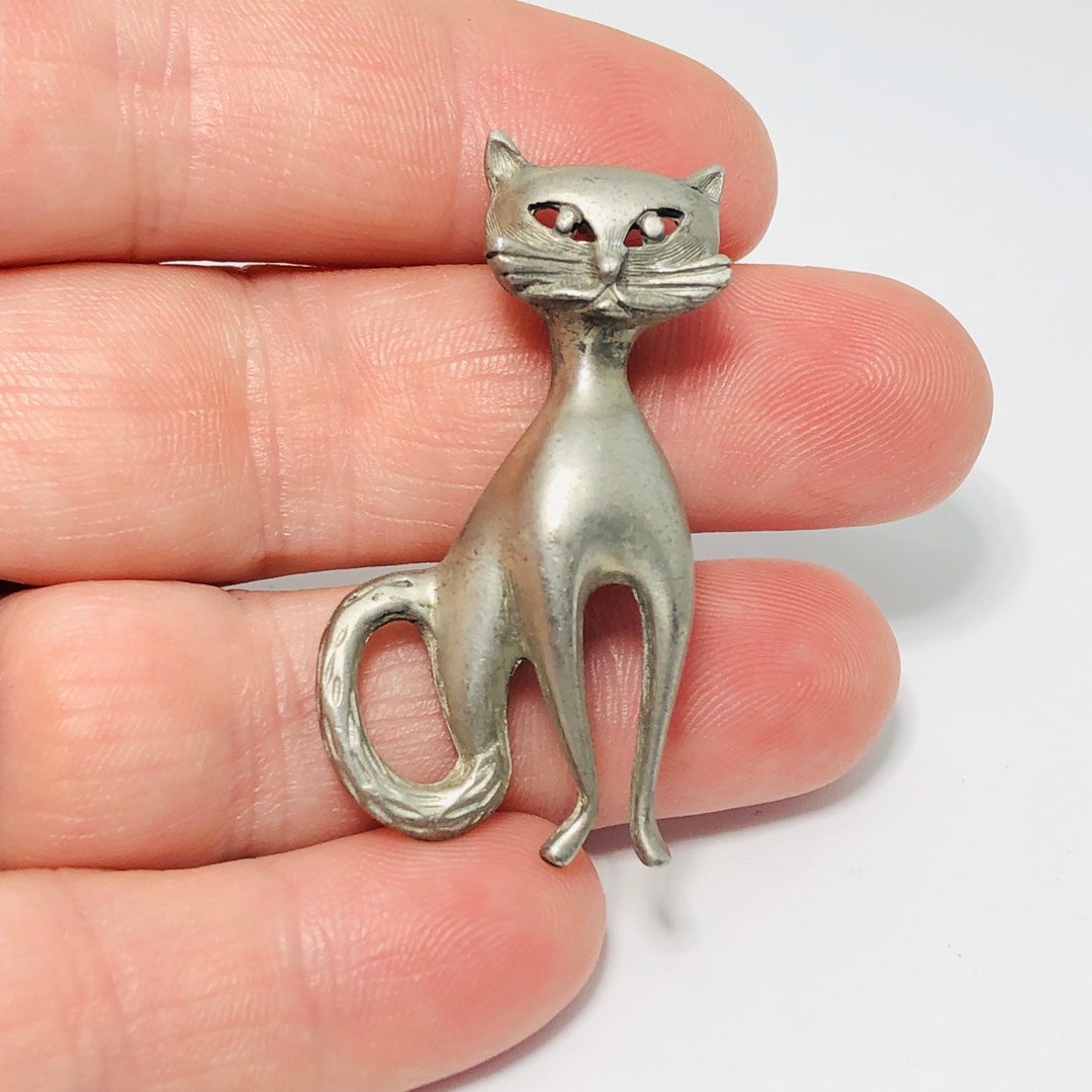 Vintage Pewter Silver Tone Metal Cat Pin Brooch - Etsy