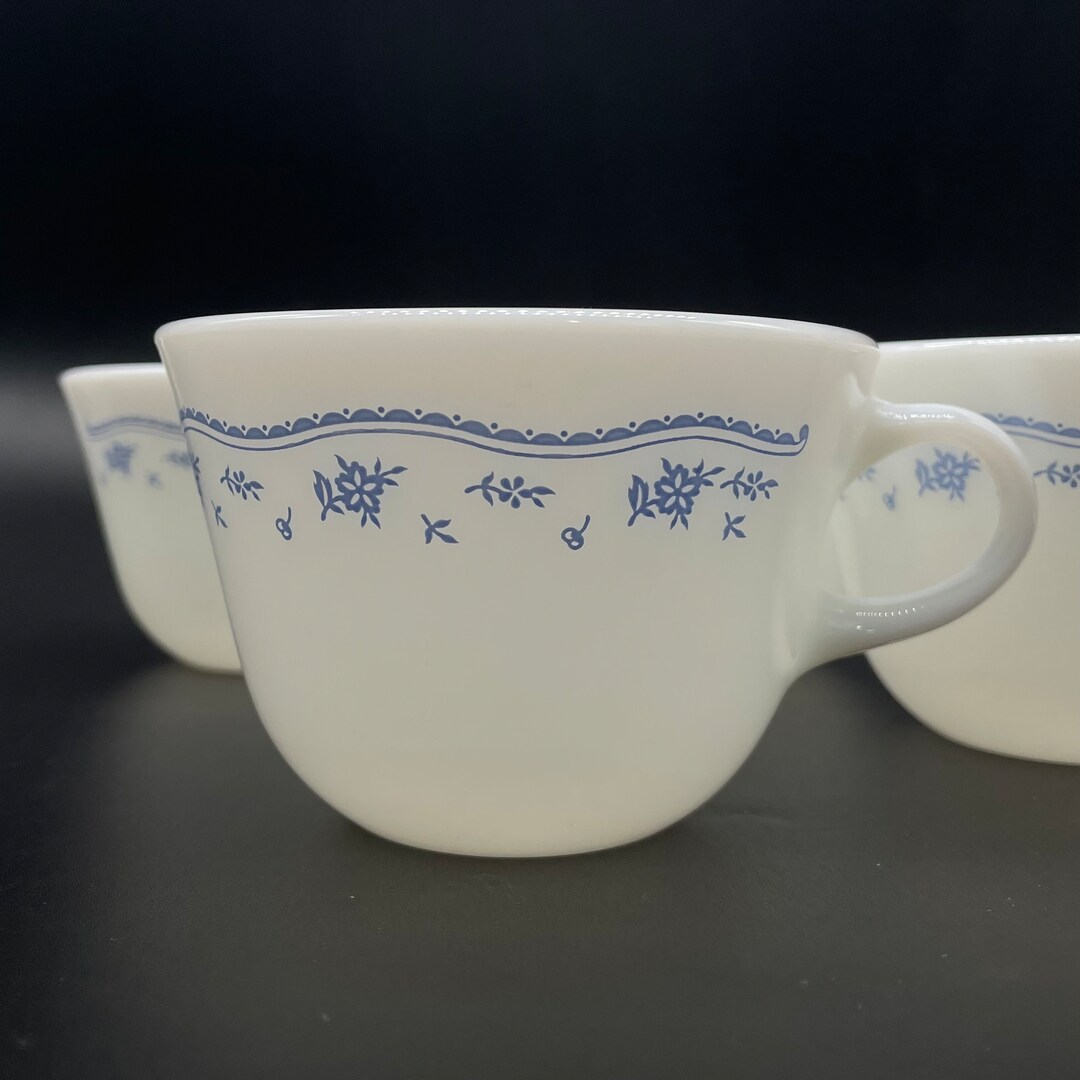 Vintage Pyrex morning Blue Floral Milk Glass Coffee / Tea Mugs Set of 4 ...