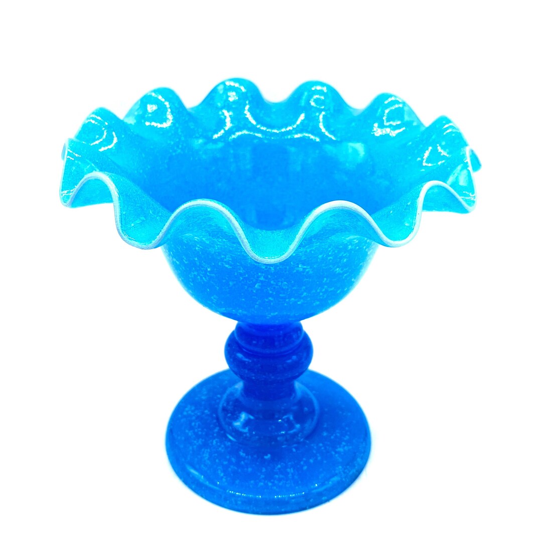 Vintage - Satin Glass - Blue Glass Compote - Ruffled Edge - White ...