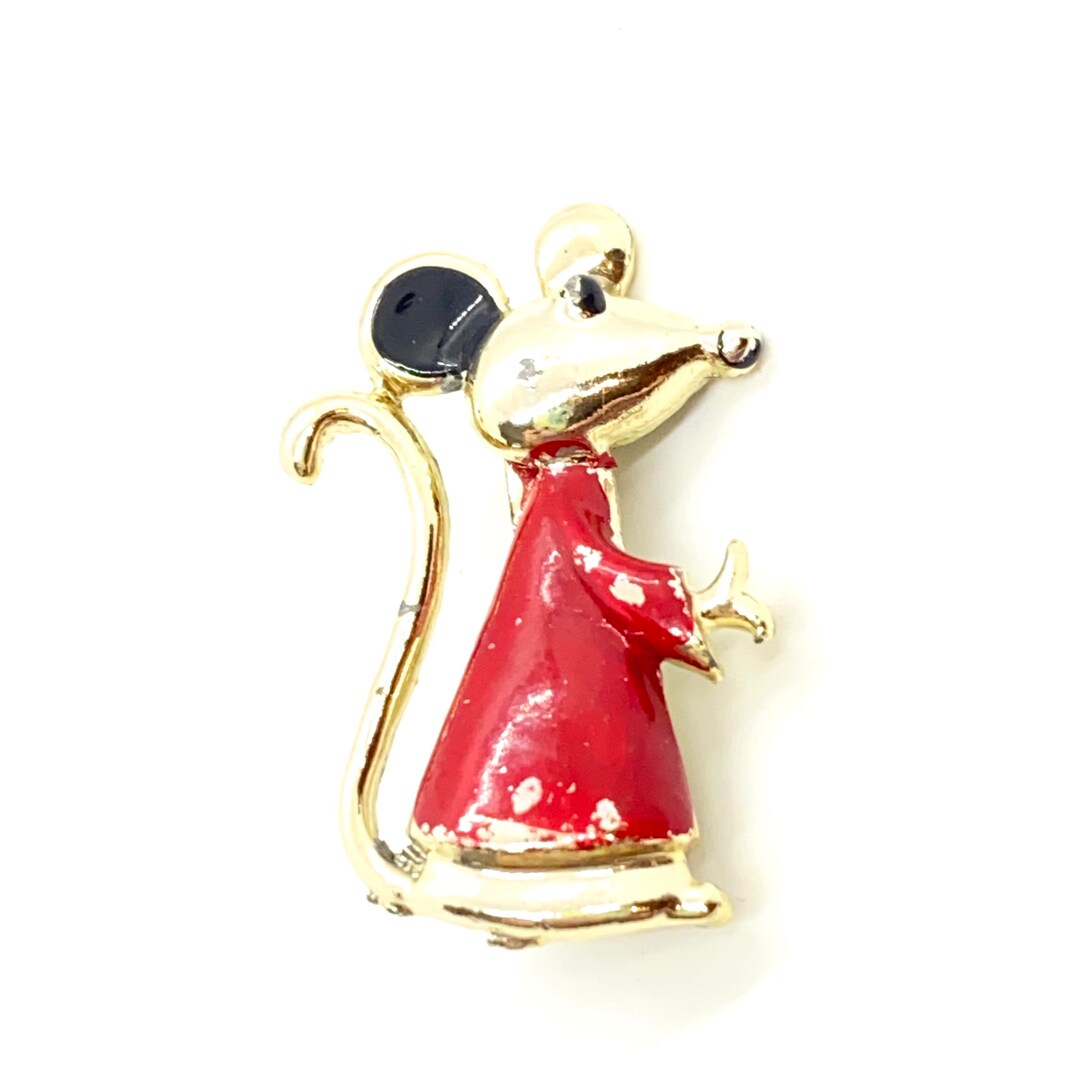 Vintage - Gold Tone - Enameled Christmas Pin / Brooch - Mouse - Etsy