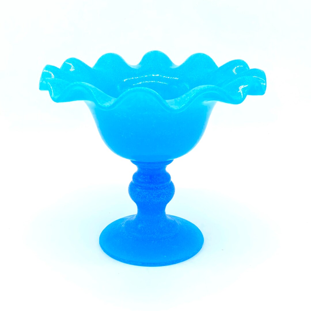 Vintage - Satin Glass - Blue Glass Compote - Ruffled Edge - White ...
