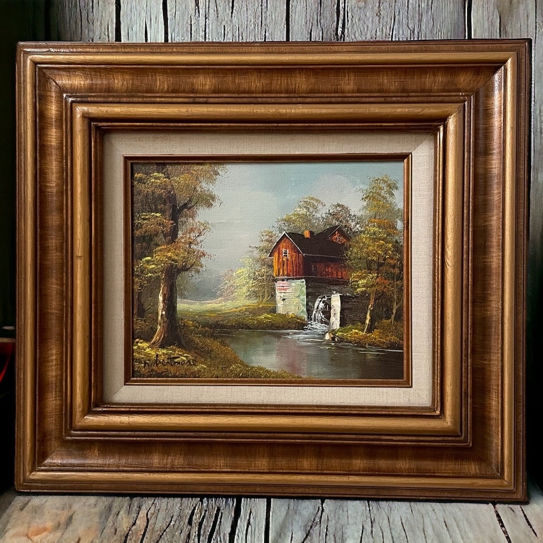 Original Oil Painting by Robert Moore “mill on Stream” Signed Painting on Canvas in Wood Frame ...