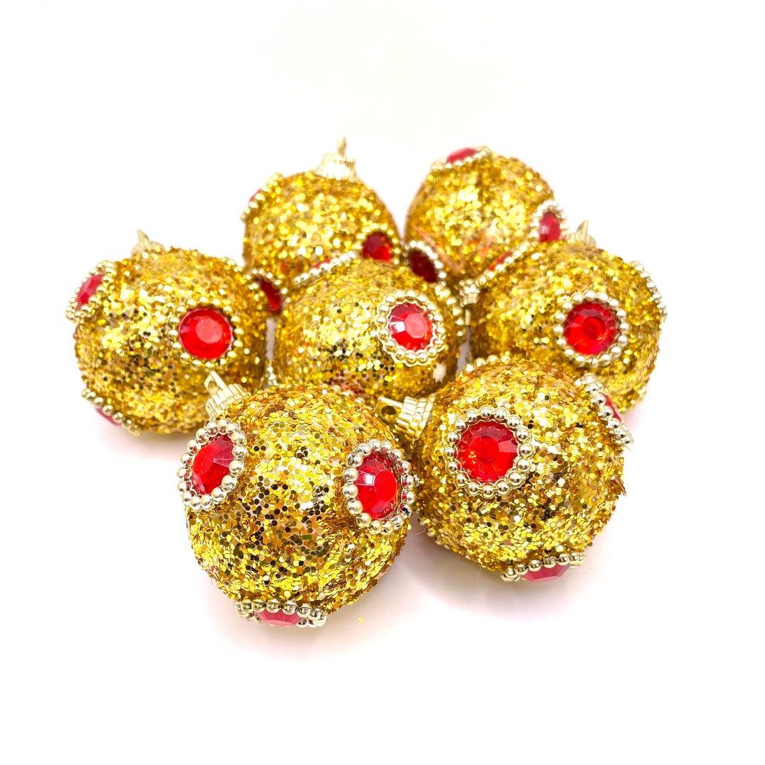 Vintage - Det of 7 Vintage Gold Glitter Christmas Ornaments- 2 Inch ...