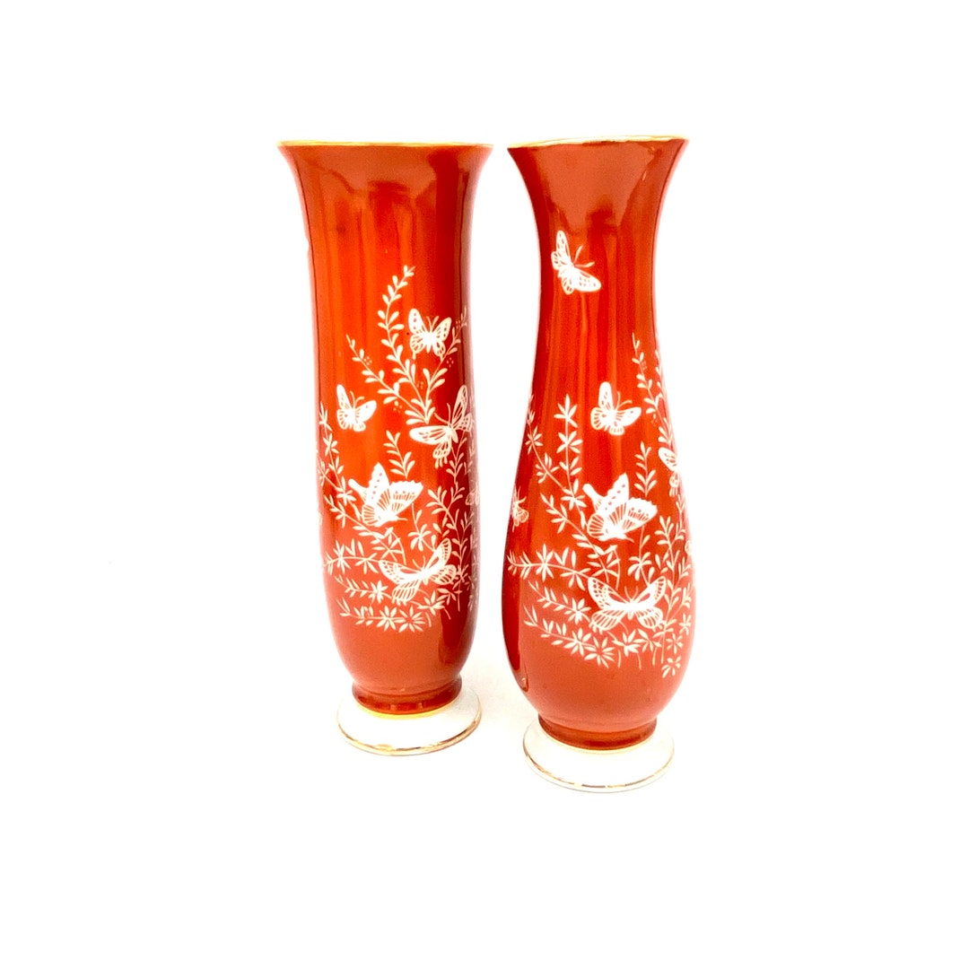 Vintage - Pair of Les Papillons Vases by Shafford - Dark Persimmon ...