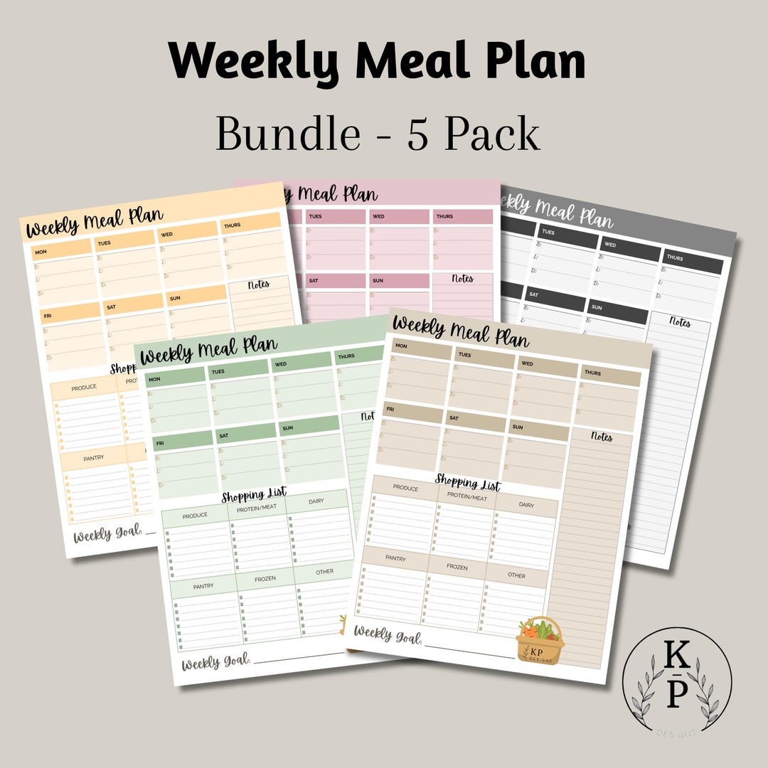 Weekly Meal Planner Printable - 5 Pastel Color Bundle | Menu + Grocery ...