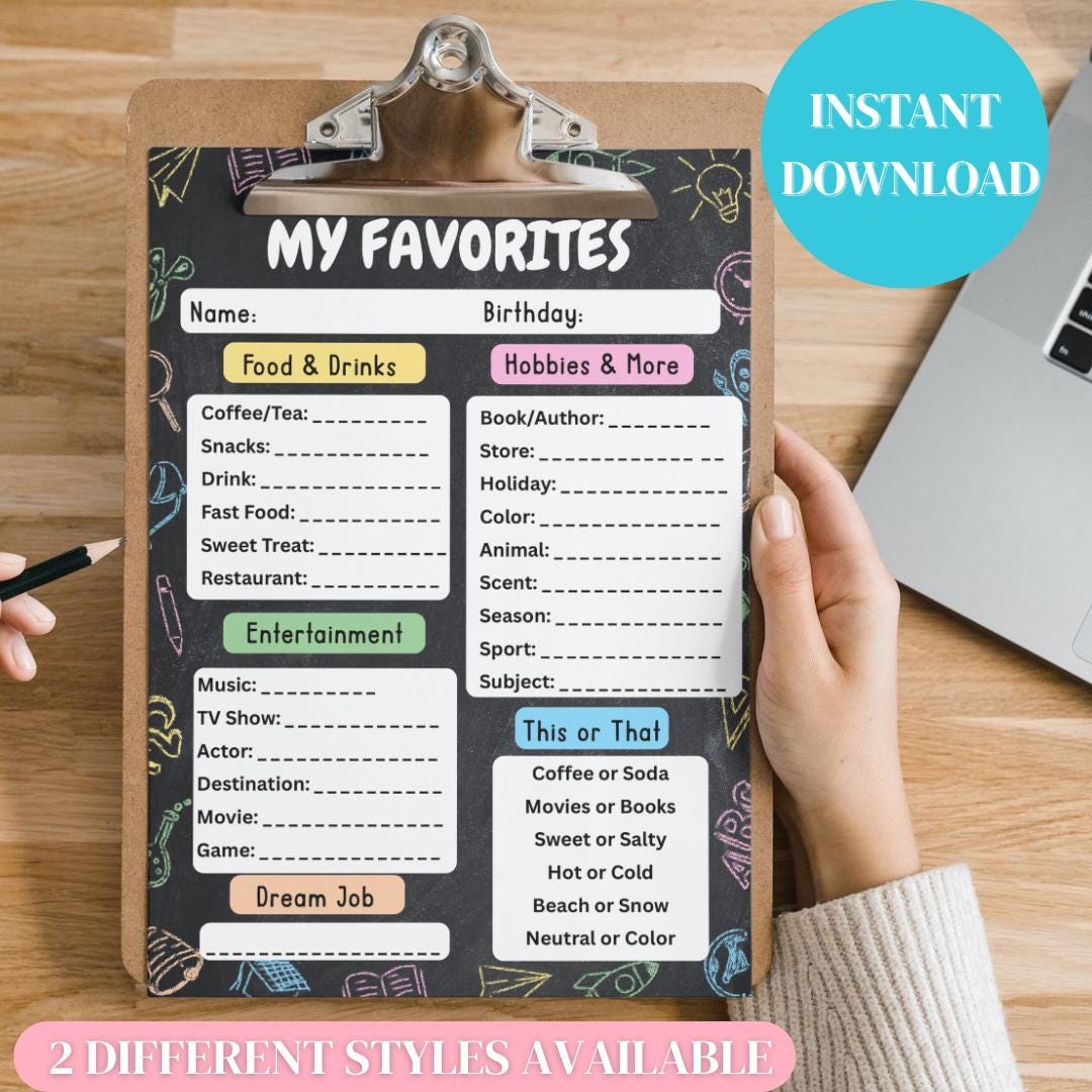 All About Me Printable Worksheet for Kids | My Favorites Page PDF | 2 ...