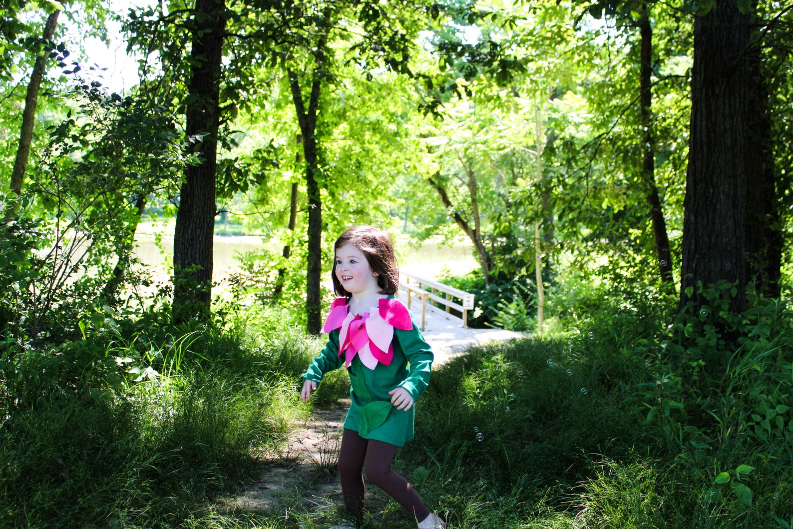 Pink Flower Costume With Green Bodysuit, Green Long Sleeve Tee Big Kids ...