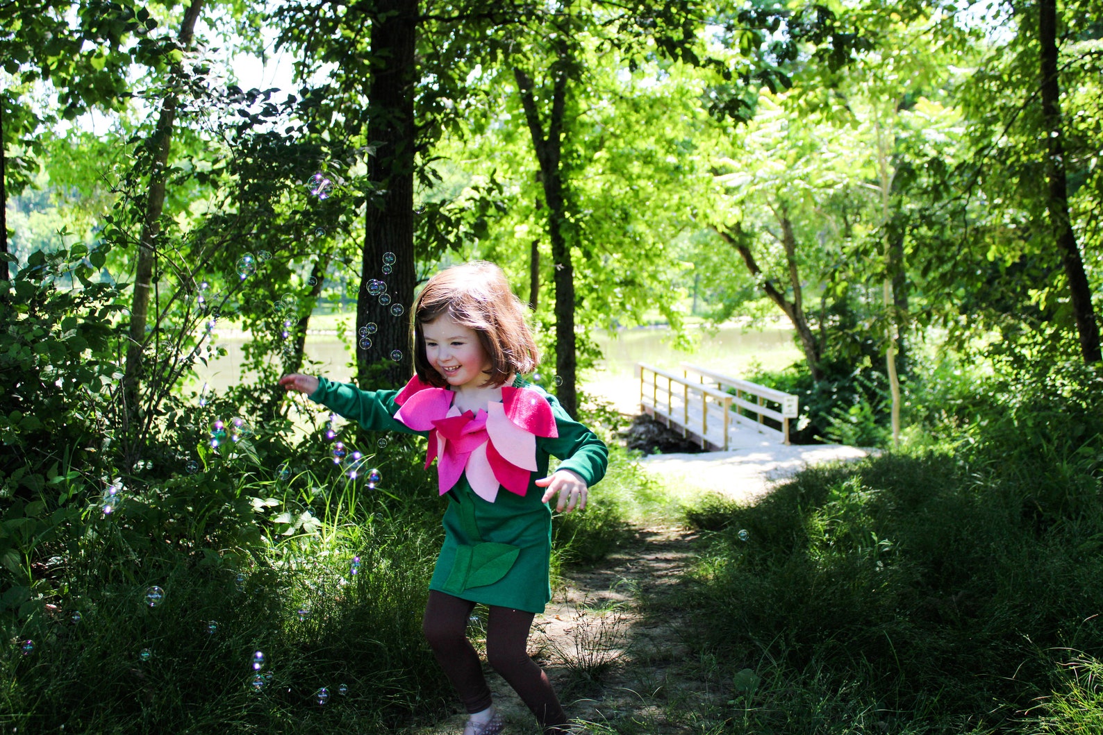 Pink Flower Costume With Green Bodysuit, Green Long Sleeve Tee Big Kids ...