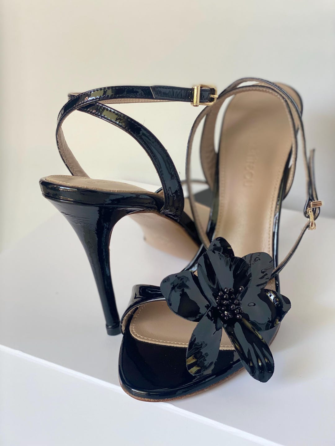 Elena Black Orchid -luxury Black Patent Leather Sandals – Handmade ...