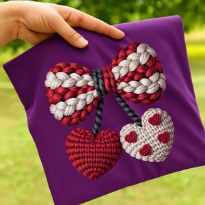Faux Yarn Crochet Valentines Day Cherry PNG: Coquette Bow Chunky Knit ...