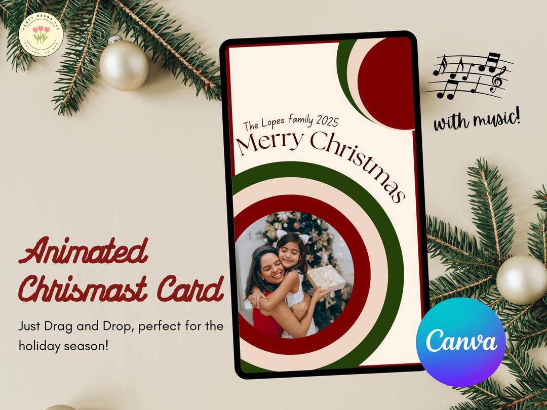 Digital Christmas Photo Card, Animated Circle Red Merry Christmas ...