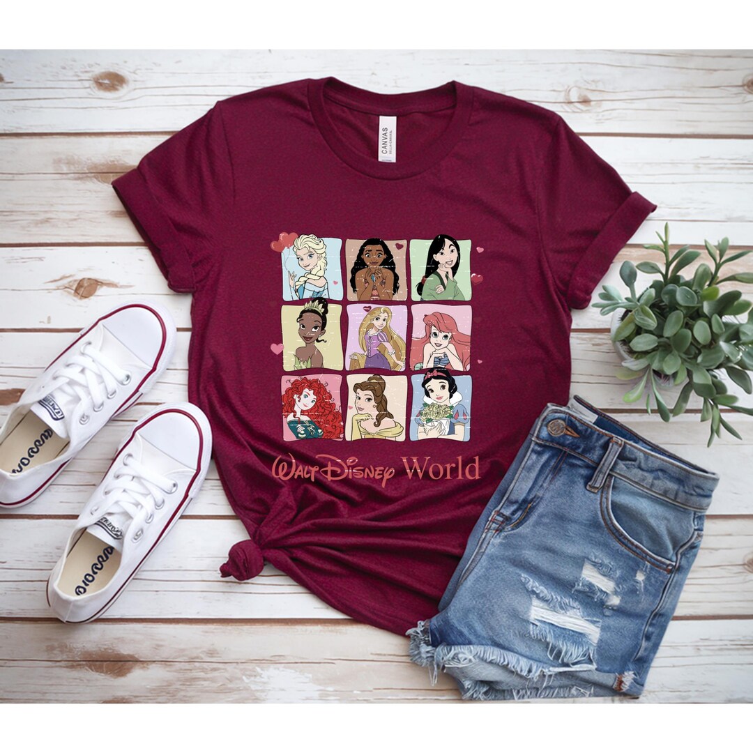 Disney Princess Grid Tee – Pastel Graphic T-shirt Featuring Iconic ...