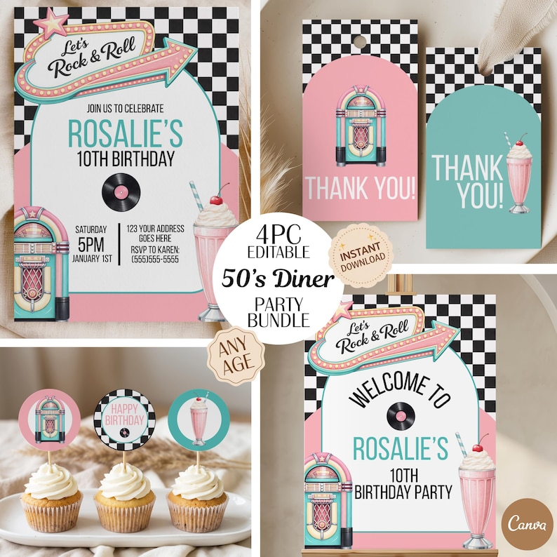 50s Diner Rock & Roll Birthday Invitation Bundle | Retro Pink Party ...