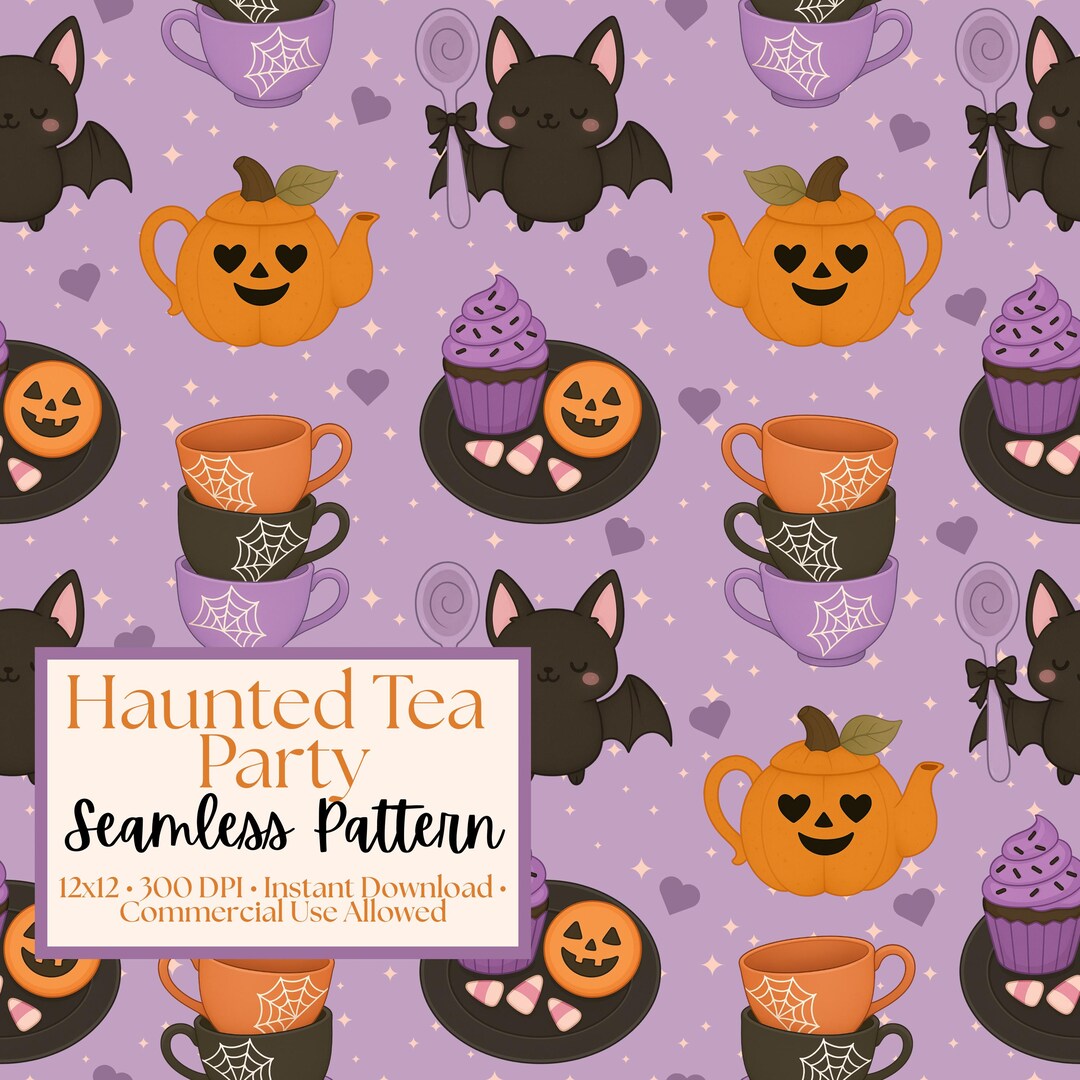 Haunted Tea Party Digital Paper | Kawaii Halloween Seamless Pattern ...