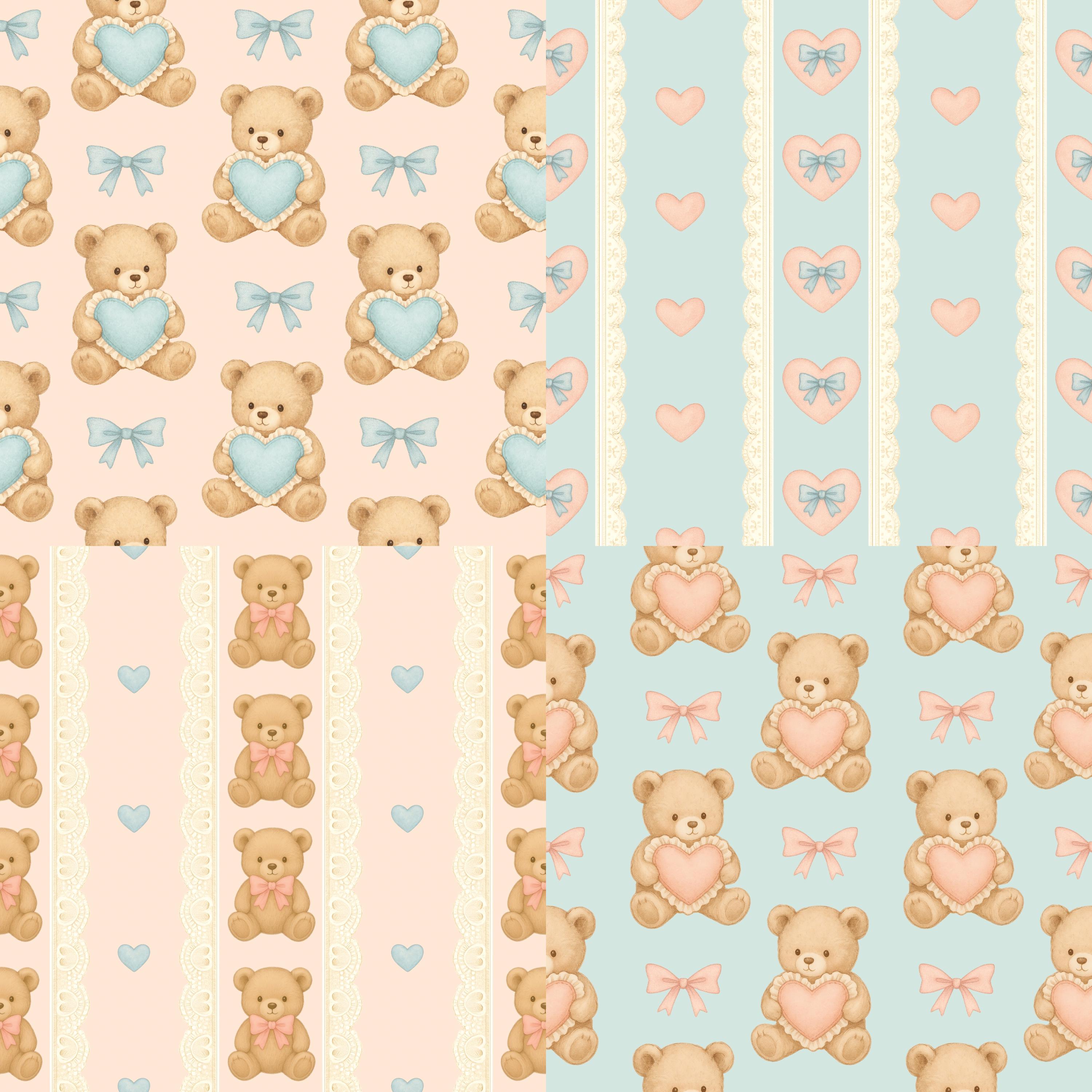 Teddy Bear Seamless Pattern Bundle | Cute Valentine Storybook Bears ...
