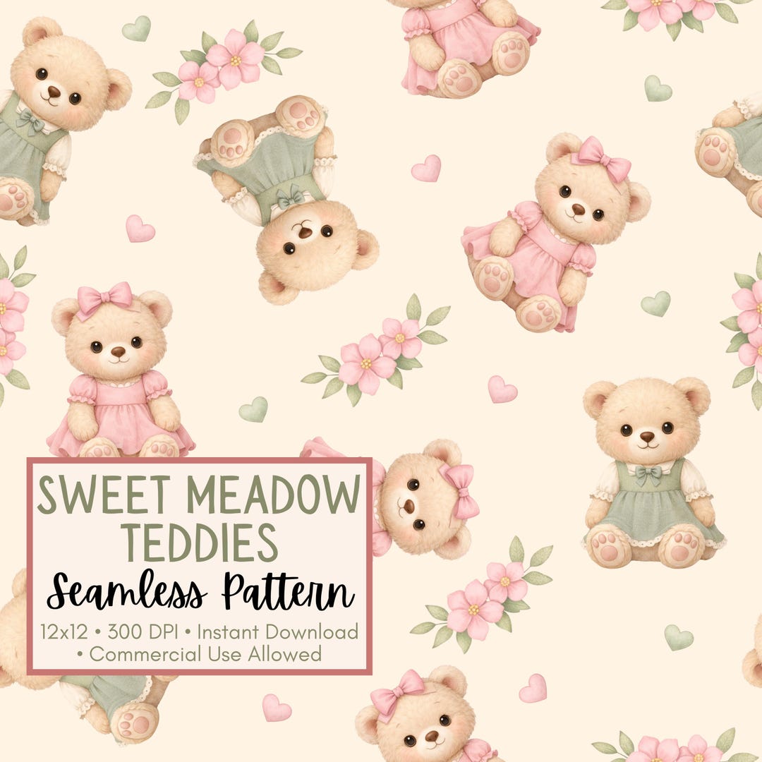 Sweet Meadow Teddies Seamless Pattern | Floral Teddy Bear Nursery Print ...