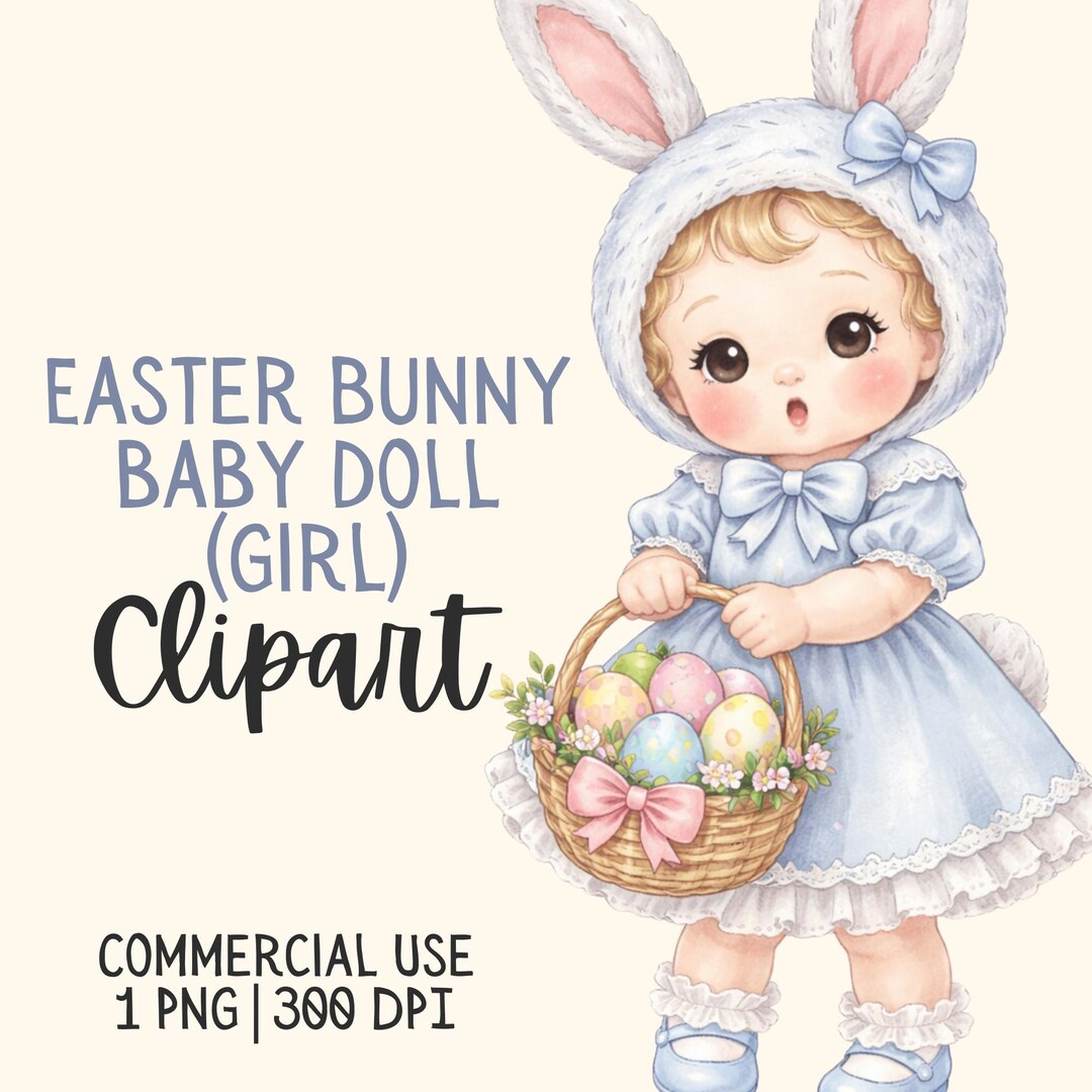 Easter Bunny Baby Girl Clipart PNG | Vintage Bunny Doll | Spring Easter ...