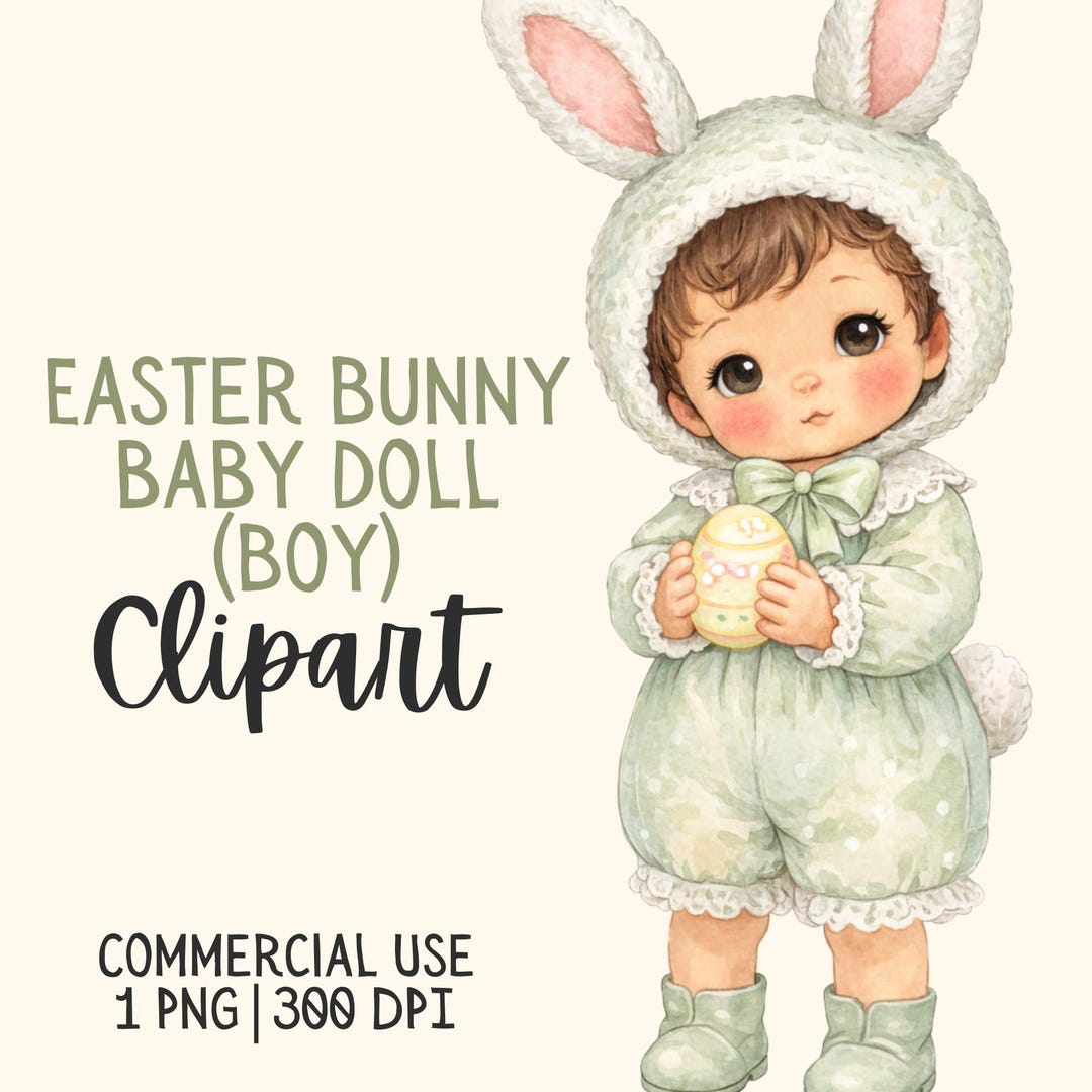 Easter Bunny Baby Boy Clipart PNG | Vintage Bunny Doll | Spring Easter ...
