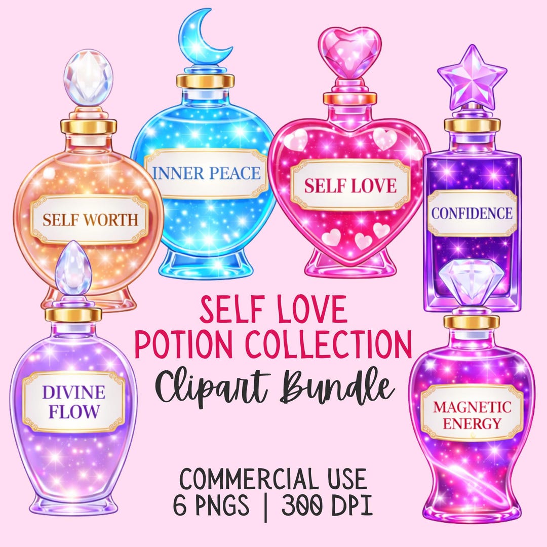 Self Love Potion Clipart Bundle | 6 Glossy Perfume Bottles PNG ...