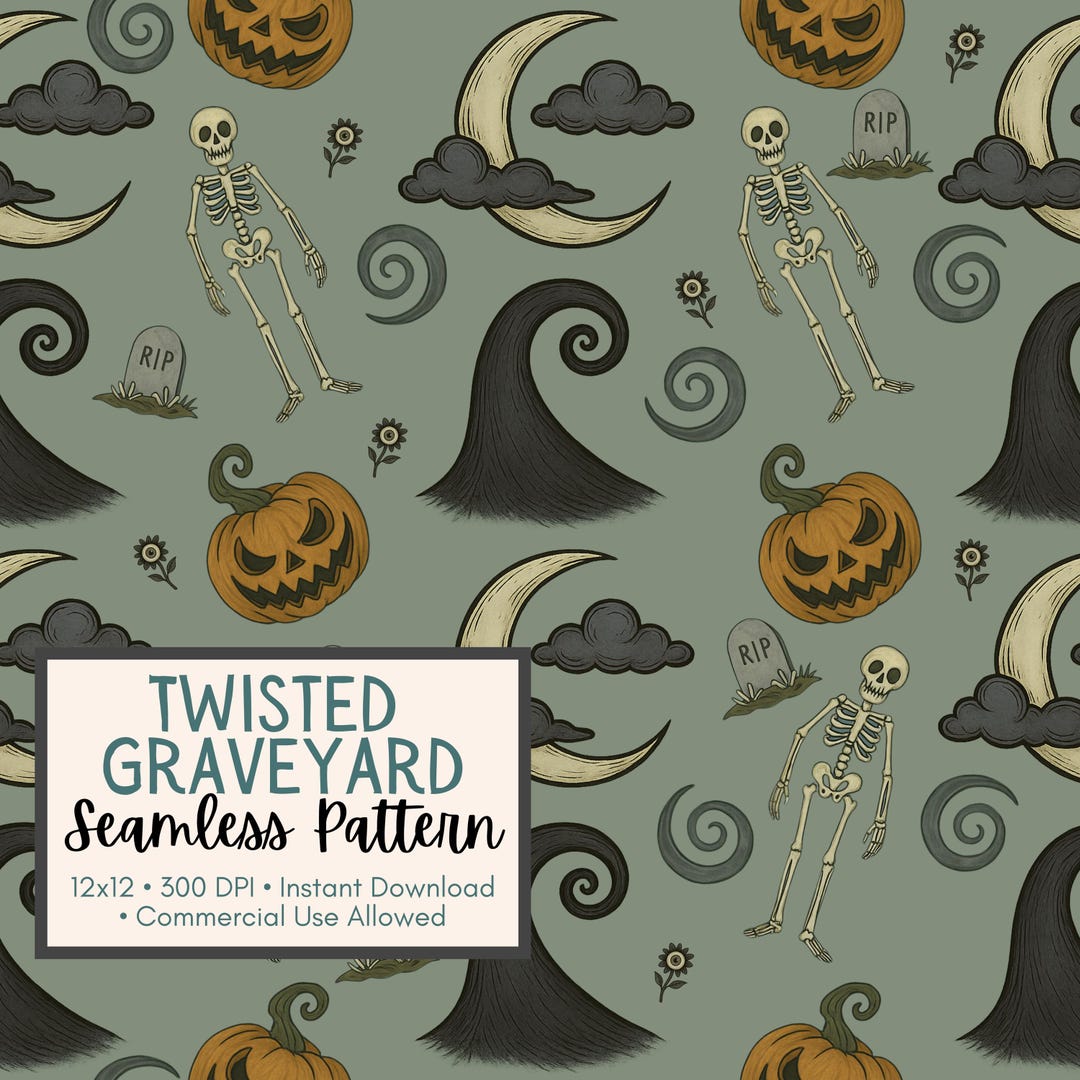Spooky Halloween Seamless Pattern: Graveyard, Skeletons (digital Paper ...