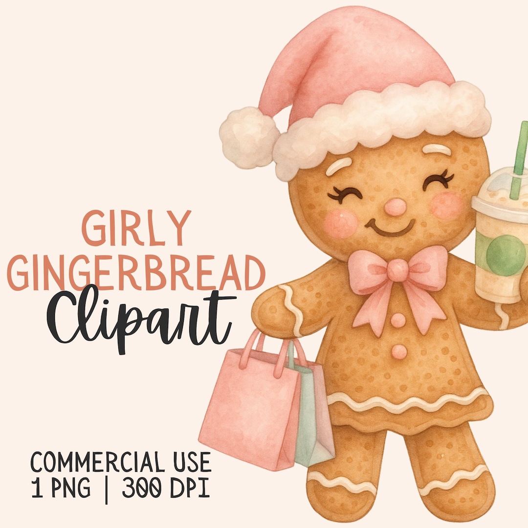 Girly Christmas Gingerbread Girl Clipart | Kawaii Cookie PNG (300 DPI ...