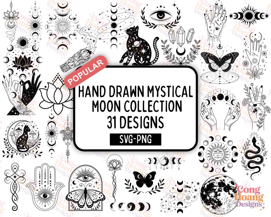 Hand Drawn Mystical Moon Collection SVG PNG, Tattoo SVG, Mystical Moon ...