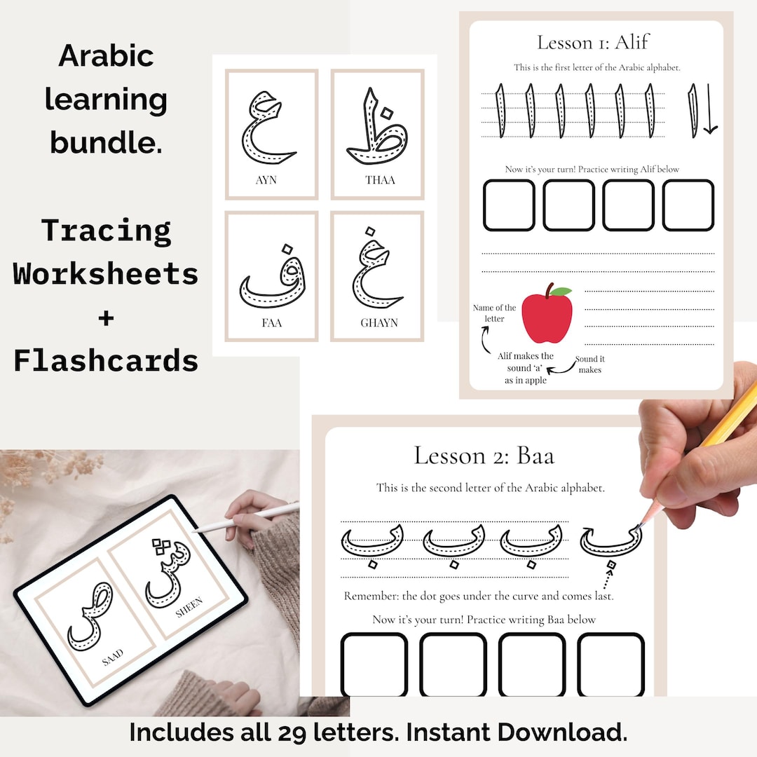 Arabic Alphabet Learning Bundle: Tracing Worksheets & Flashcards (PDF ...