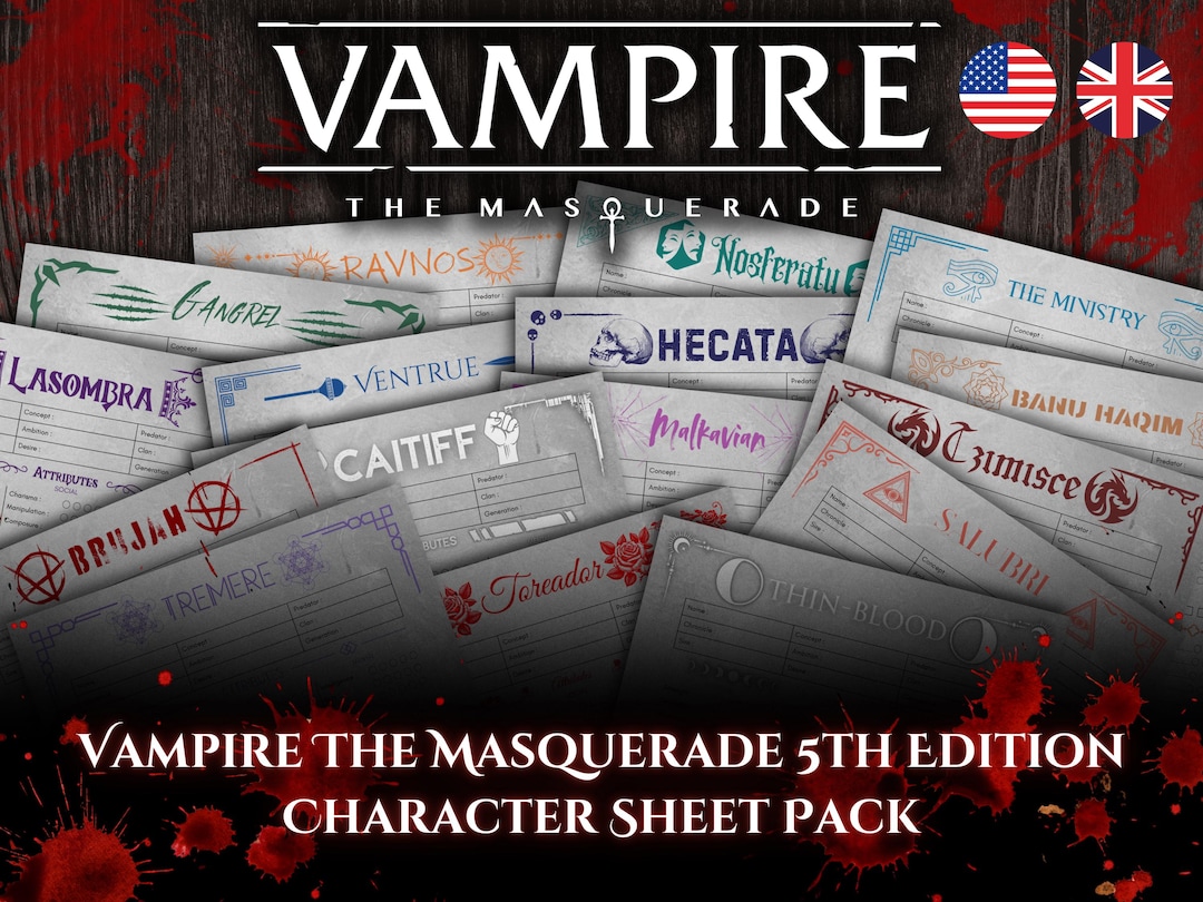 VAMPIRE the Masquerade V5 Pack, 80 Character Sheets, 5 Sheets per Clan ...