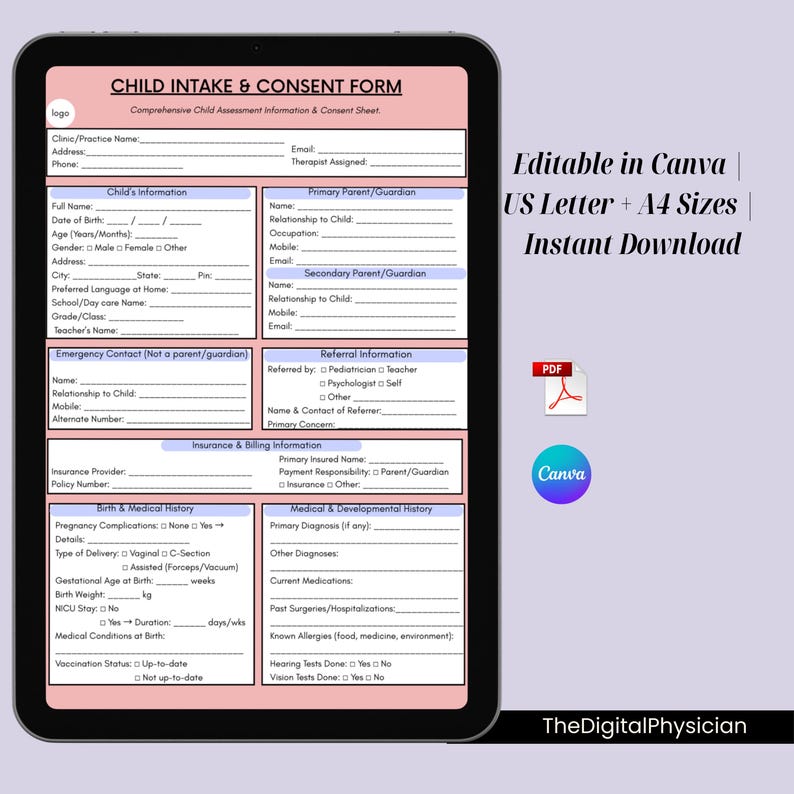 Child Intake Consent Form | Editable Pediatric Clinic Template (PDF) - Etsy