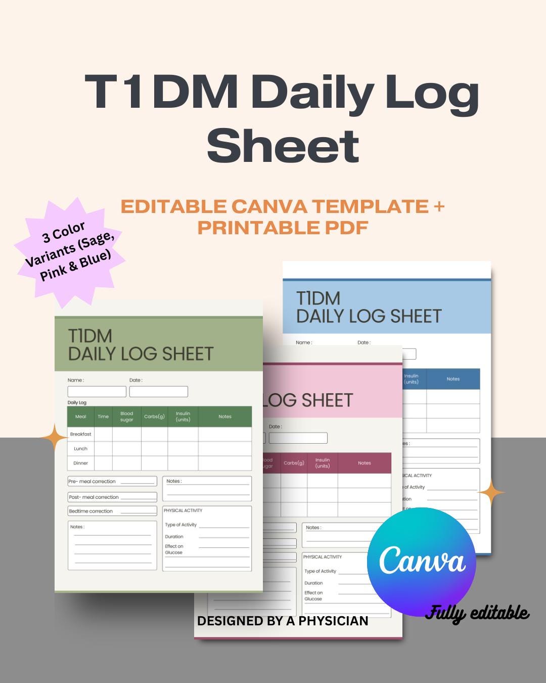 T1DM Daily Log Sheet | Printable Diabetes Tracker (PDF & Canva) - Etsy