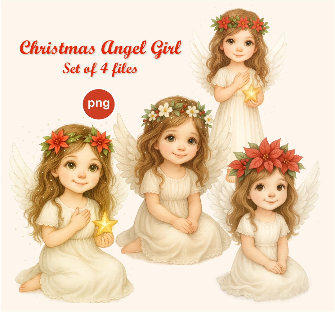 Christmas Angel Girl Clipart – Cute Holiday PNG Set (digital Download ...