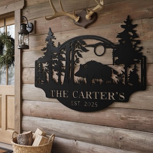 Personalized Wild Boar Metal Cabin Sign, Custom Cabin Metal Outdoor ...