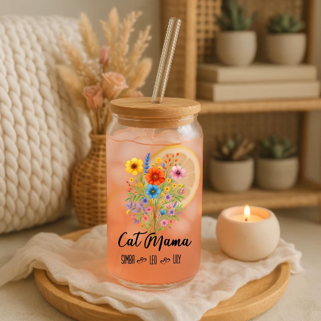 Cat Mama Glass Sipper, 16oz Iced Coffee Cup for Cat Lovers, Cute Gift ...