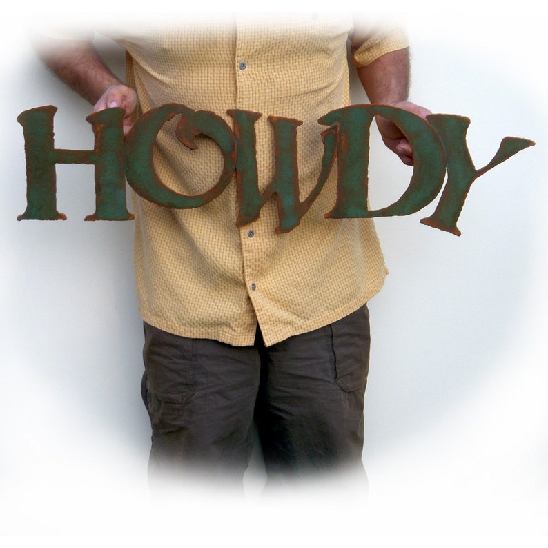 Howdy 34 Wide Metal Wall Art Sign Green With Rust | Etsy