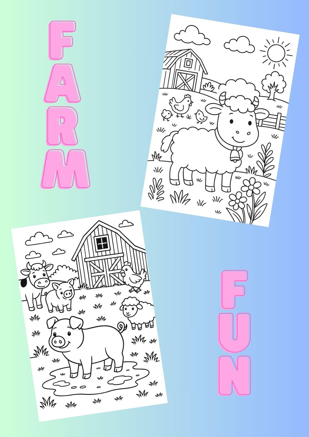 Kids Coloring Book Farm Animals Horse Pig Chicken Dog Goat Sheep Duck ...