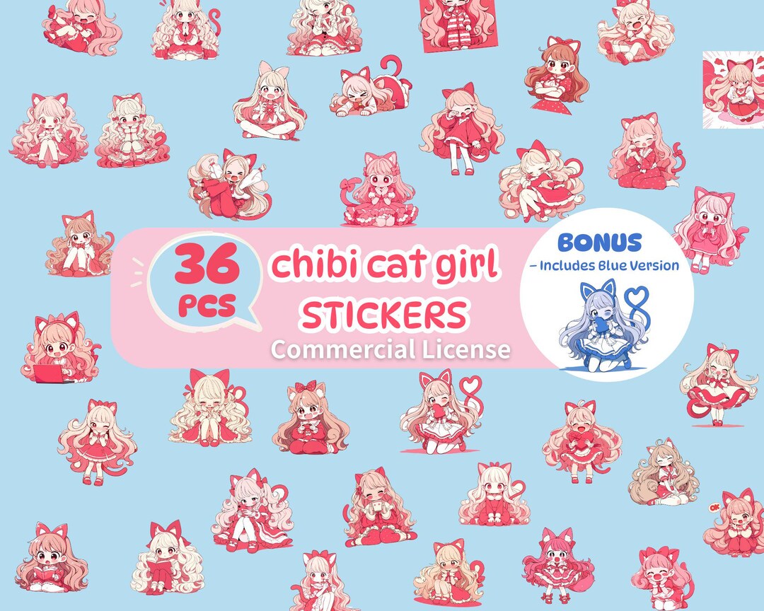 Chibi Cat Girl Stickers Set–kawaii Digital Planner Pack - Etsy