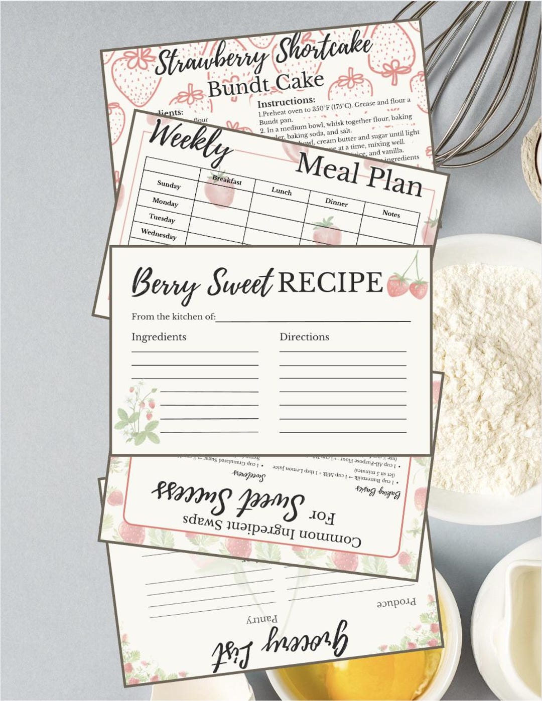Editable Strawberry Recipe Card & Kitchen Bundle Canva Template | Meal ...