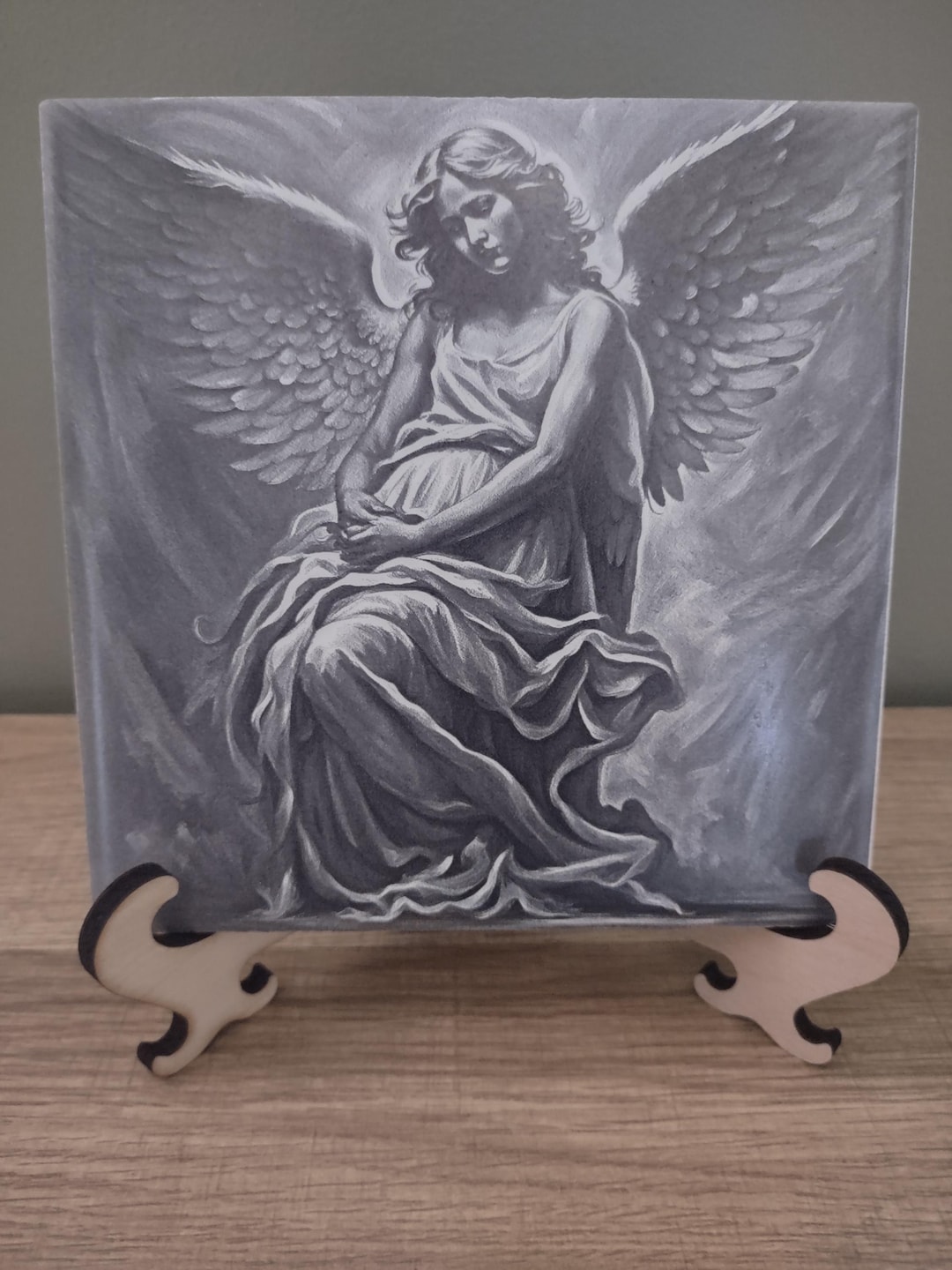 6x6 Ceramic Tile Angel Engraving Gift Decor Display With Wood Stand ...