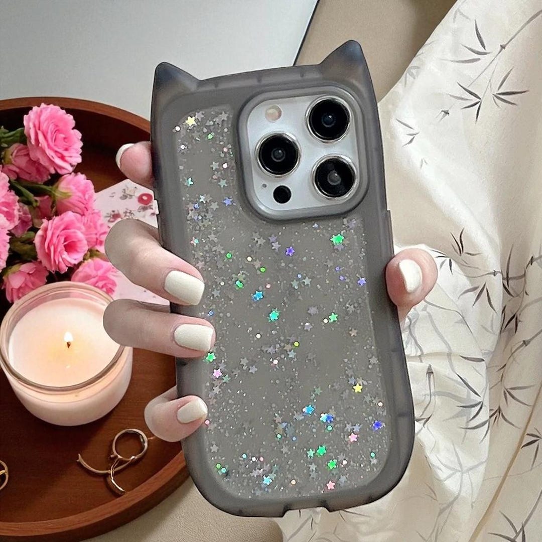 Glitter Cat Ear Phone Case for iPhone 11, 12, 13, 14, 15, 16 Series ...