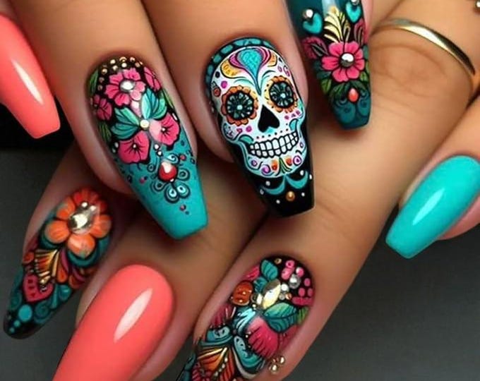 Cazuela De Barro, Mexican Press on Nails, Talavera Nails, Handmade ...