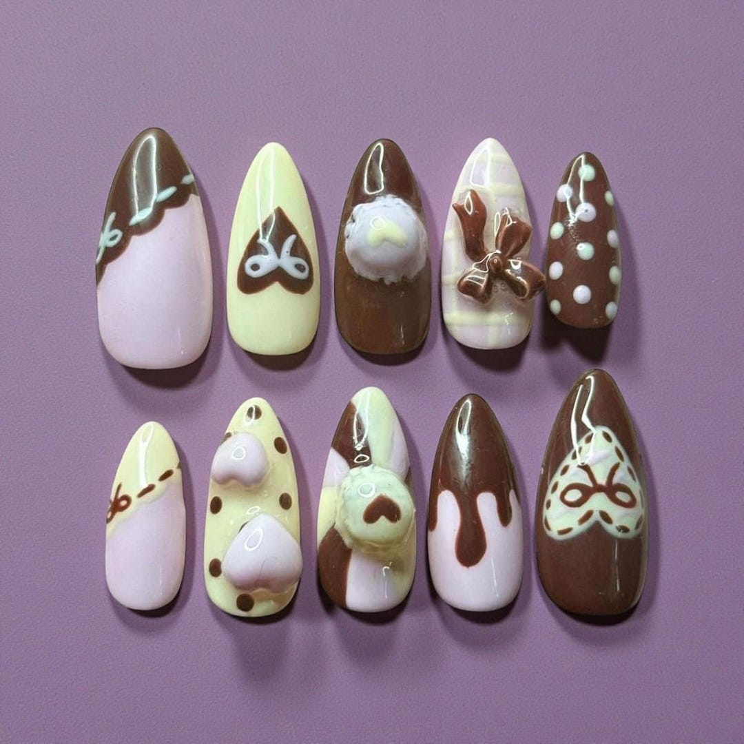 Chocolate Dessert Press on Nails | Cute Kawaii Pastel Fake Nails | 3D ...