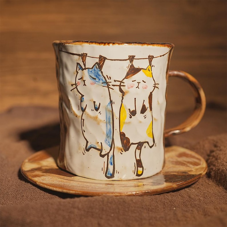 Handcrafted Ceramic Cup With Saucer – Hanging Cats Design 300ml - Etsy
