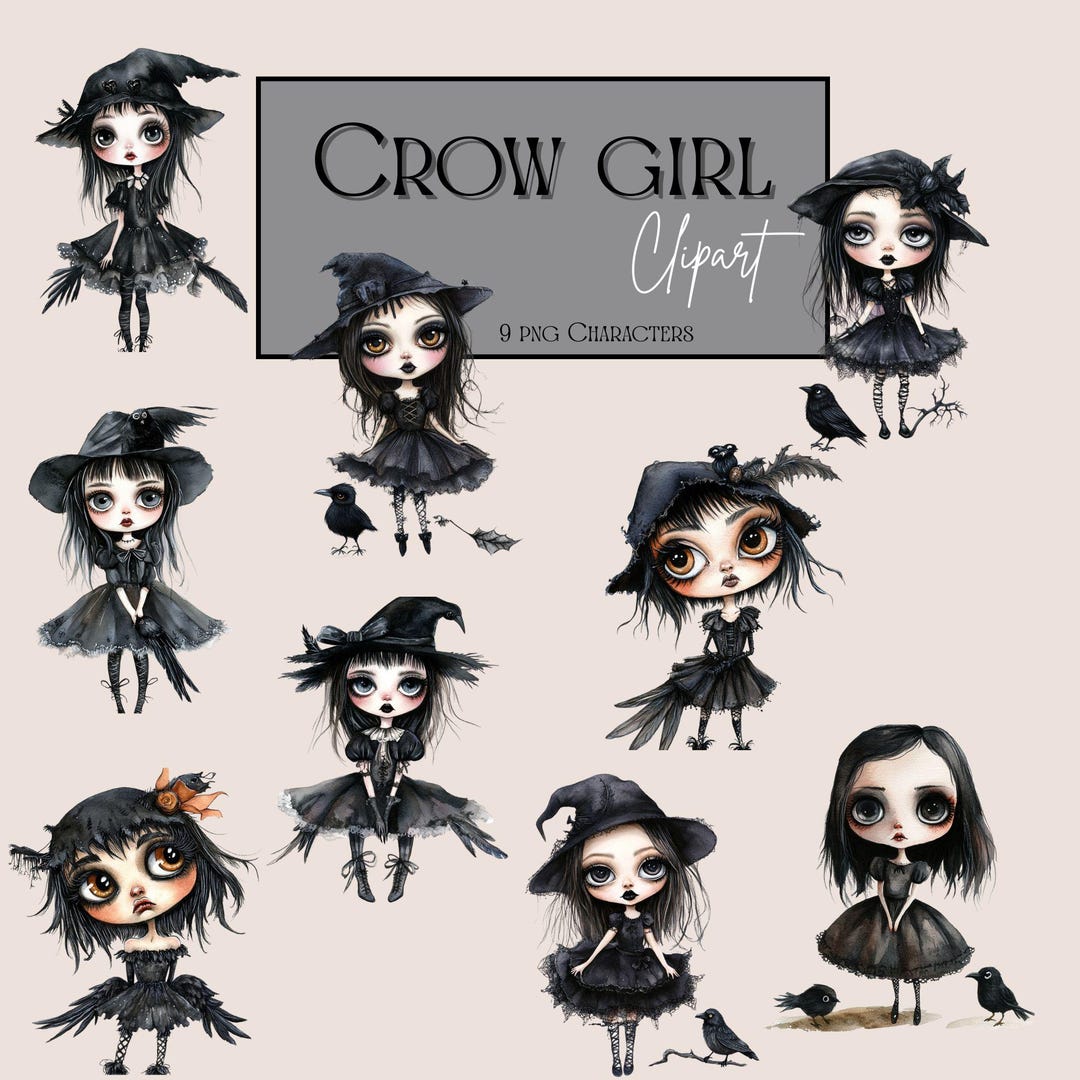Whimsigoth Crow Girl Clipart: Witchy Pngs for Halloween Crafts (digital ...