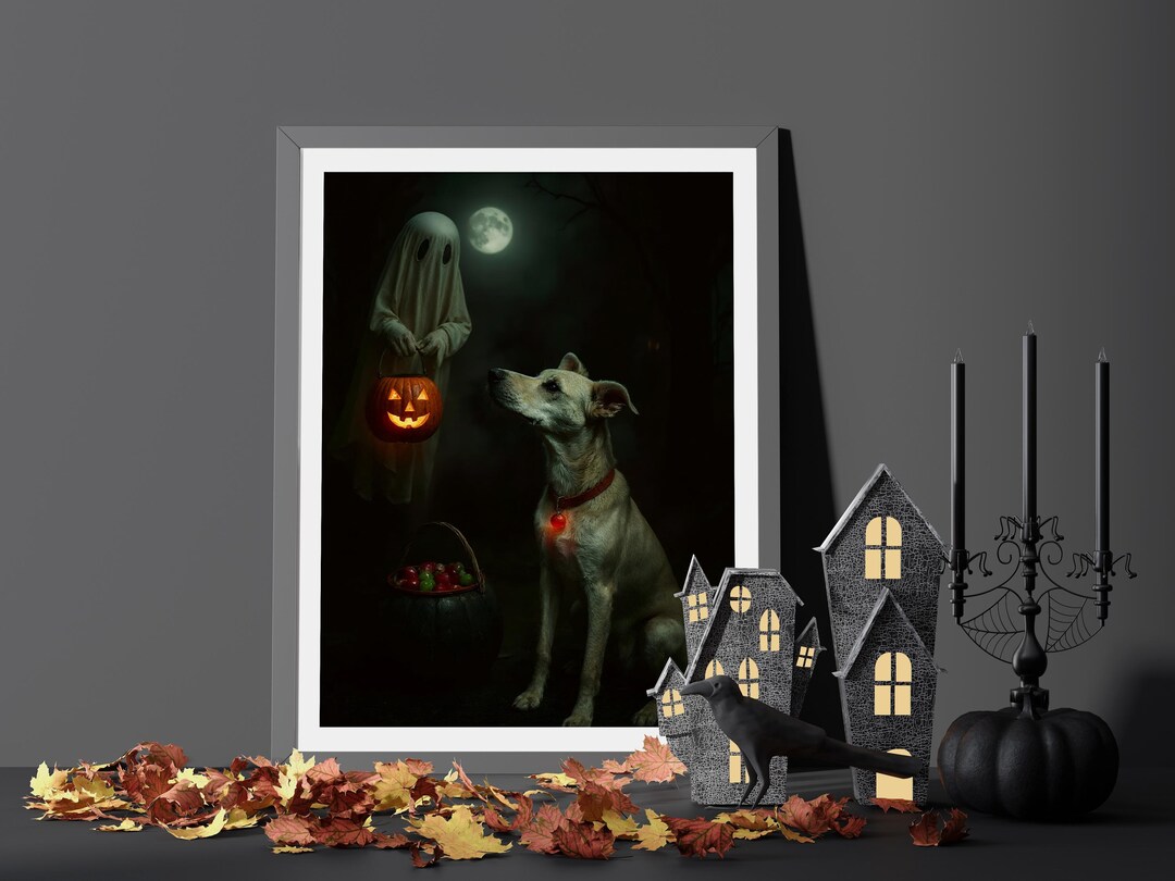 Ghost and Dog Halloween Wall Art | Spooky Moonlit Pet Print | Trick or ...