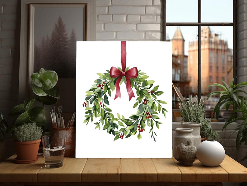 Watercolor Christmas Wreath Wall Art Print | Festive Holiday Decor ...